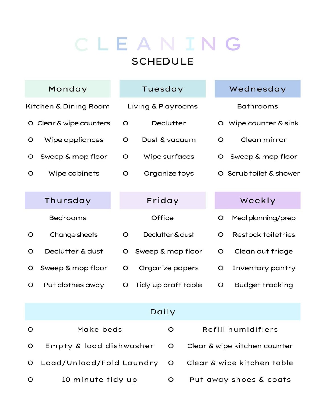 Weekly Cleaning Schedule Editable/printable Blue - Etsy