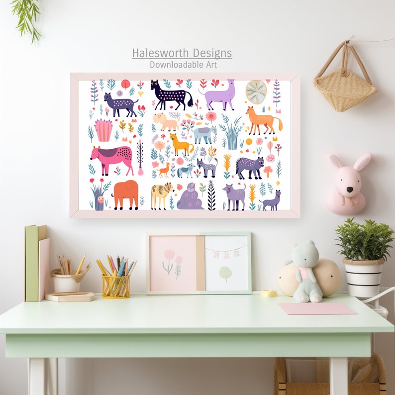 Colorful Animals Collage Illustration, Kids Room Decor, Home Decor ...