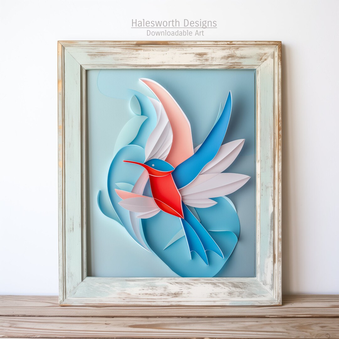 Vibrant Red & Blue Hummingbird Paper Cut Art, Pastel Background ...