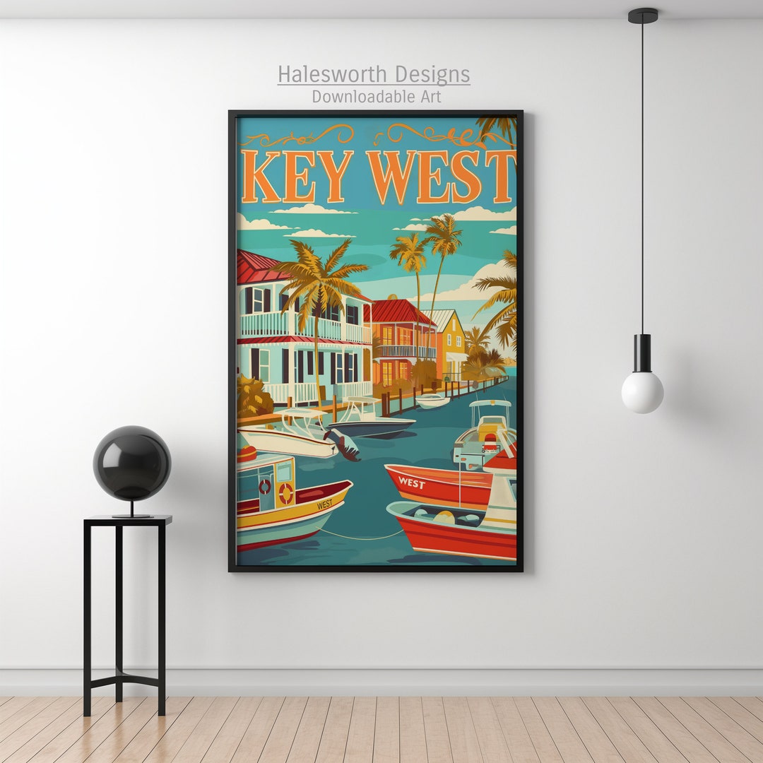 Vintage Key West Travel Poster Digital Download - Colorful Boats, Retro Art Deco, Palm Trees ...