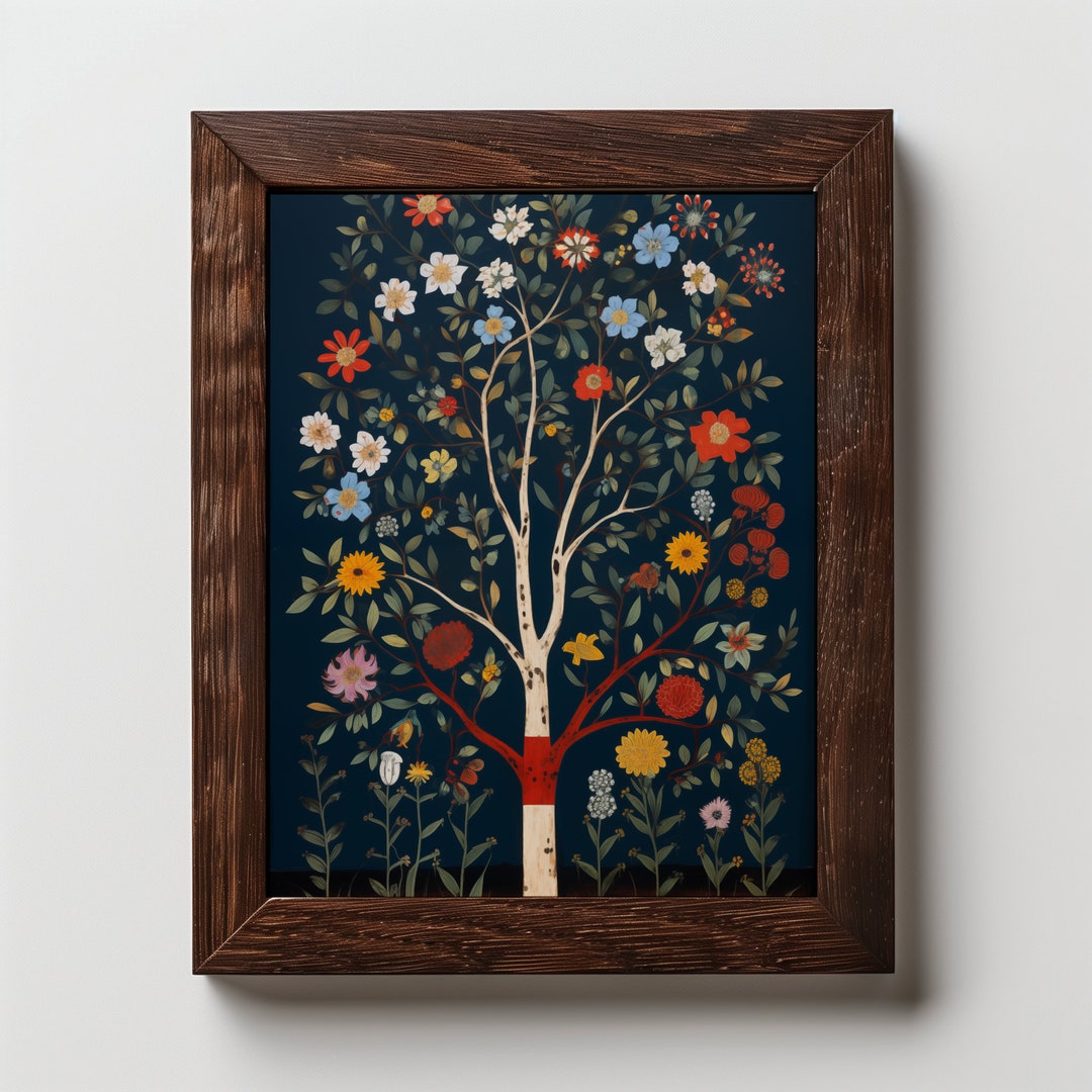 Mid-century Floral Tree Art: High-res Digital Download. Dark Canvas ...