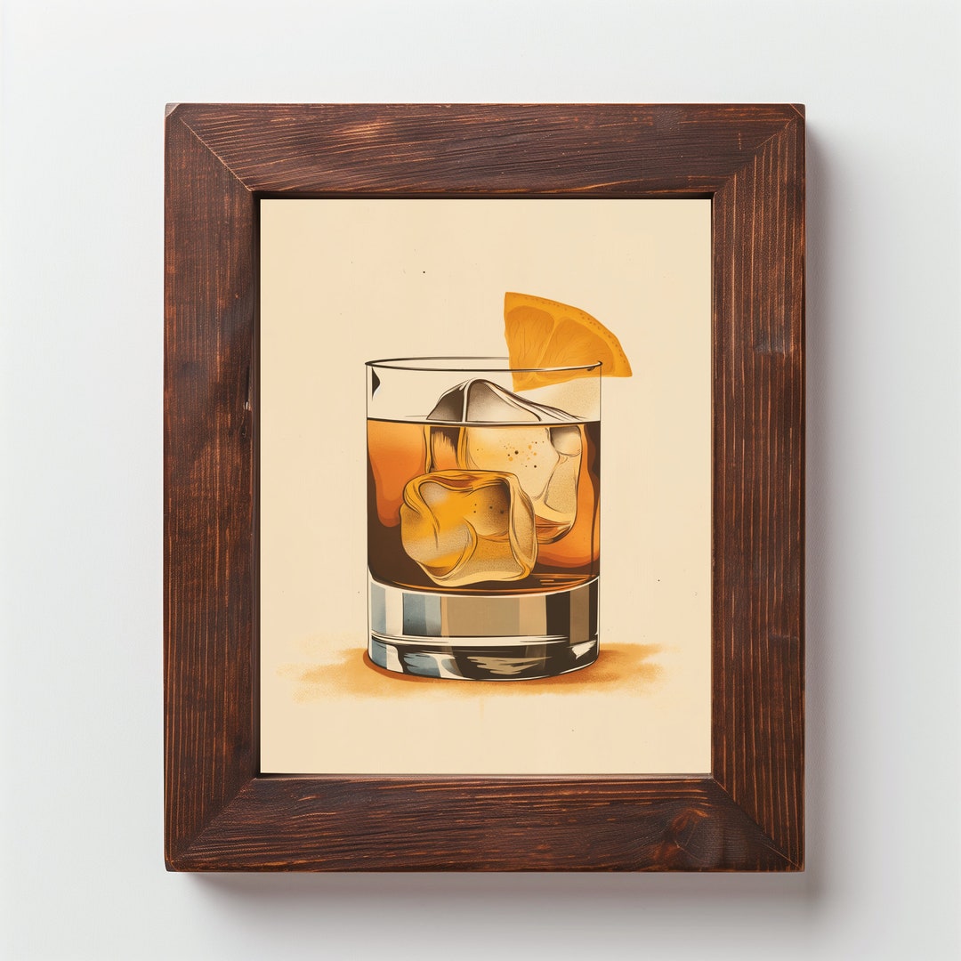 Retro Old Fashioned Cocktail Art, 50s Style, Beige Background ...