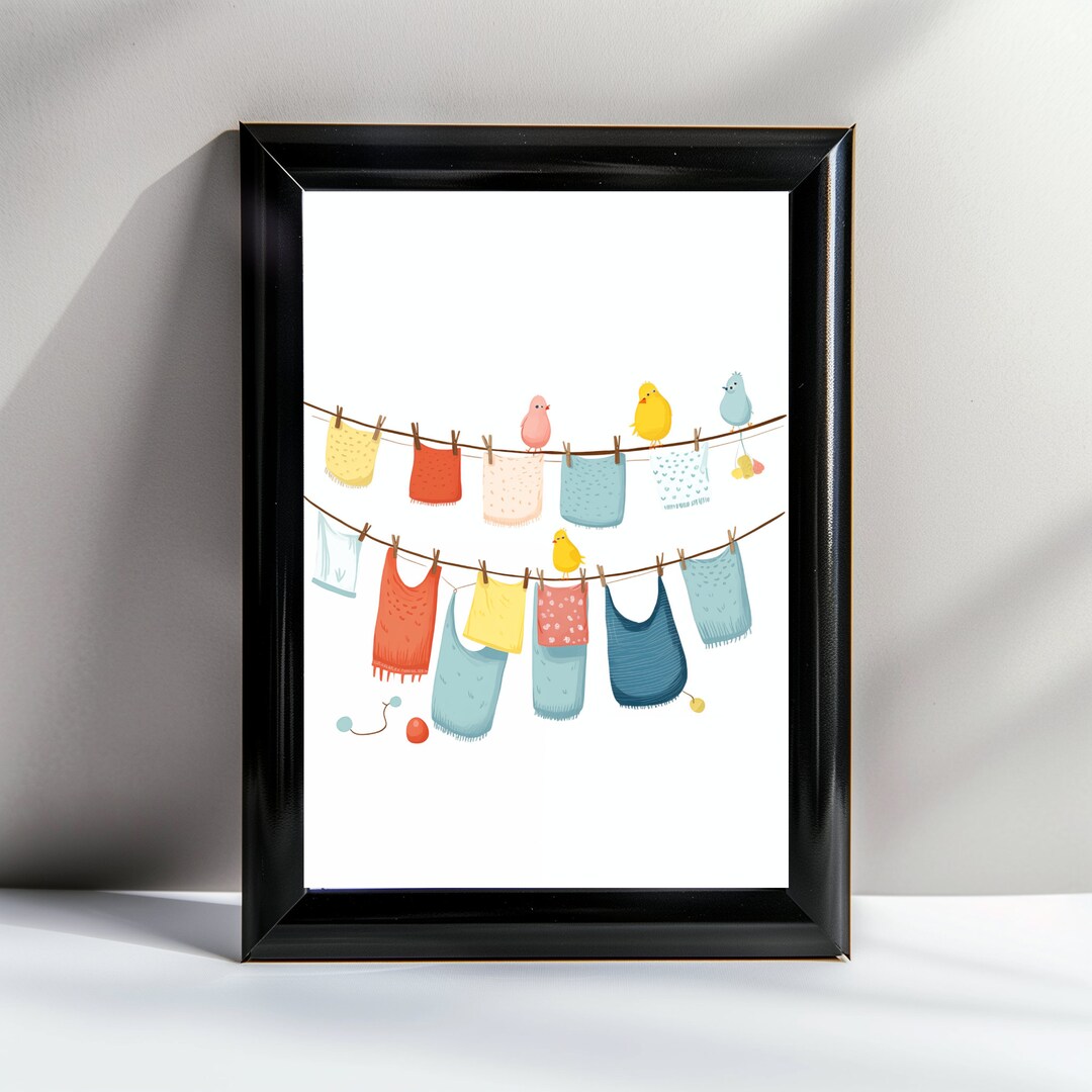 Laundry Line Digital Art Download - Bird-themed Playful Cartoon ...