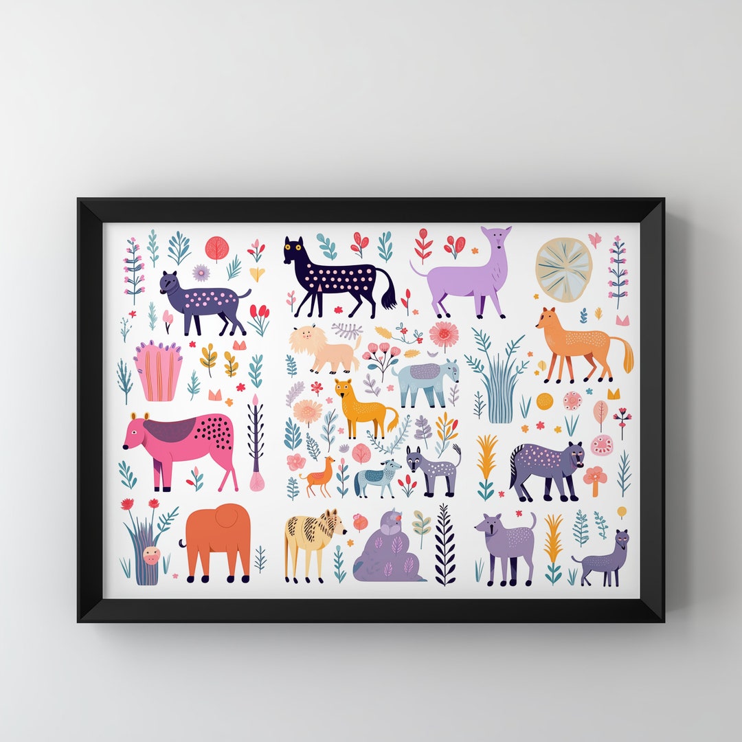 Colorful Animals Collage Illustration, Kids Room Decor, Home Decor ...