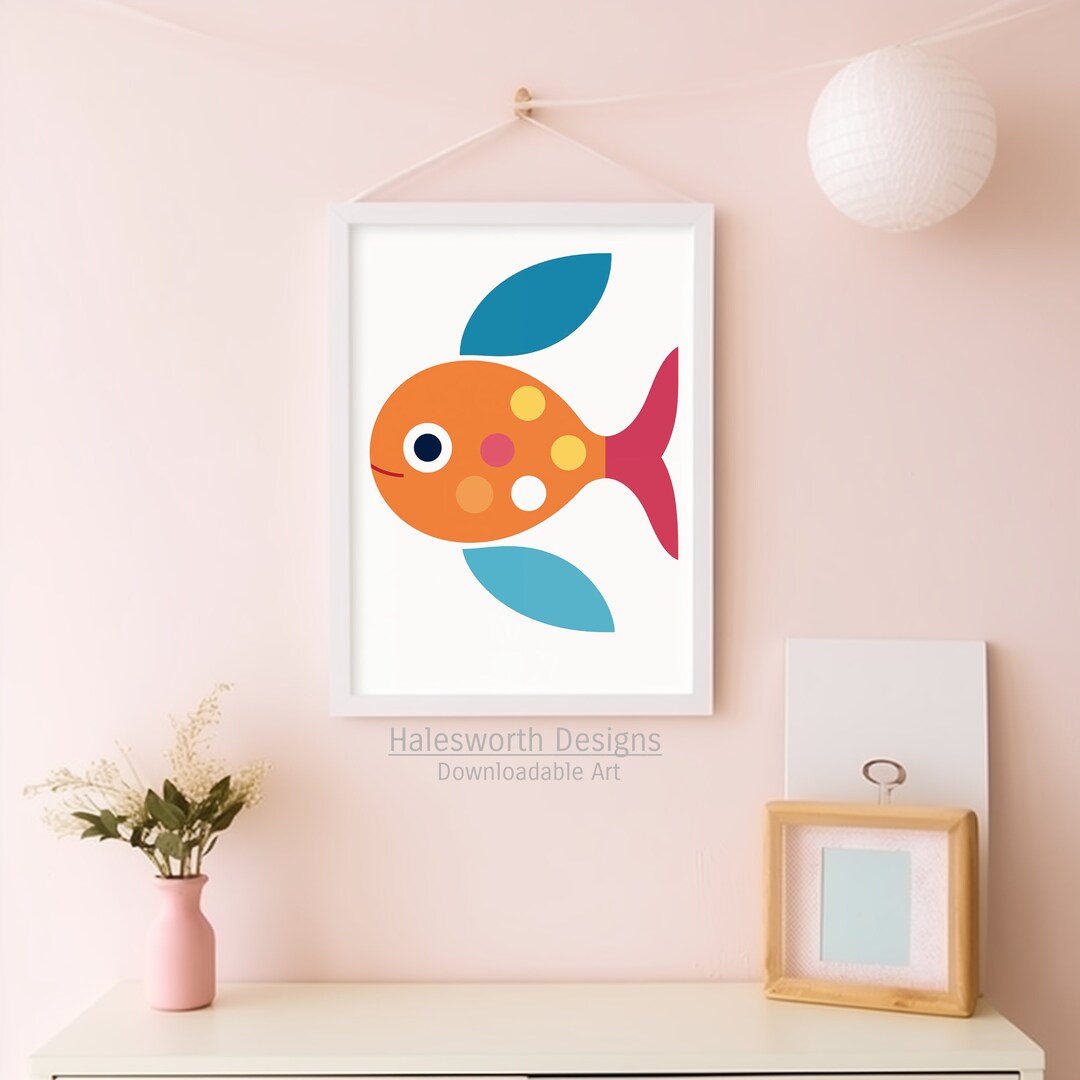 Vibrant Orange Fish Digital Art: Colorful, Childlike Minimalism, High ...