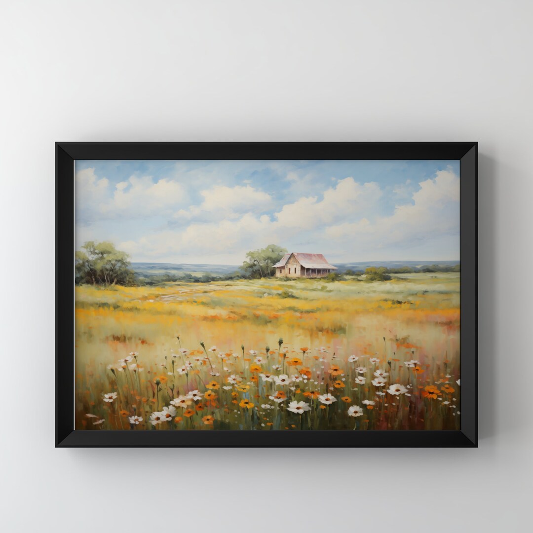 Southern Countryside Farm Field Oil Painting - Cabincore Floral ...