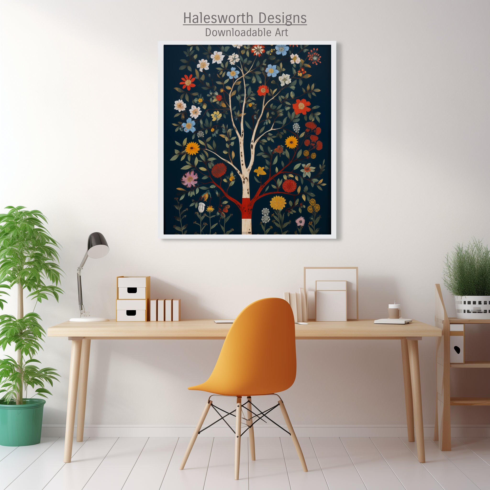Mid-century Floral Tree Art: High-res Digital Download. Dark Canvas ...