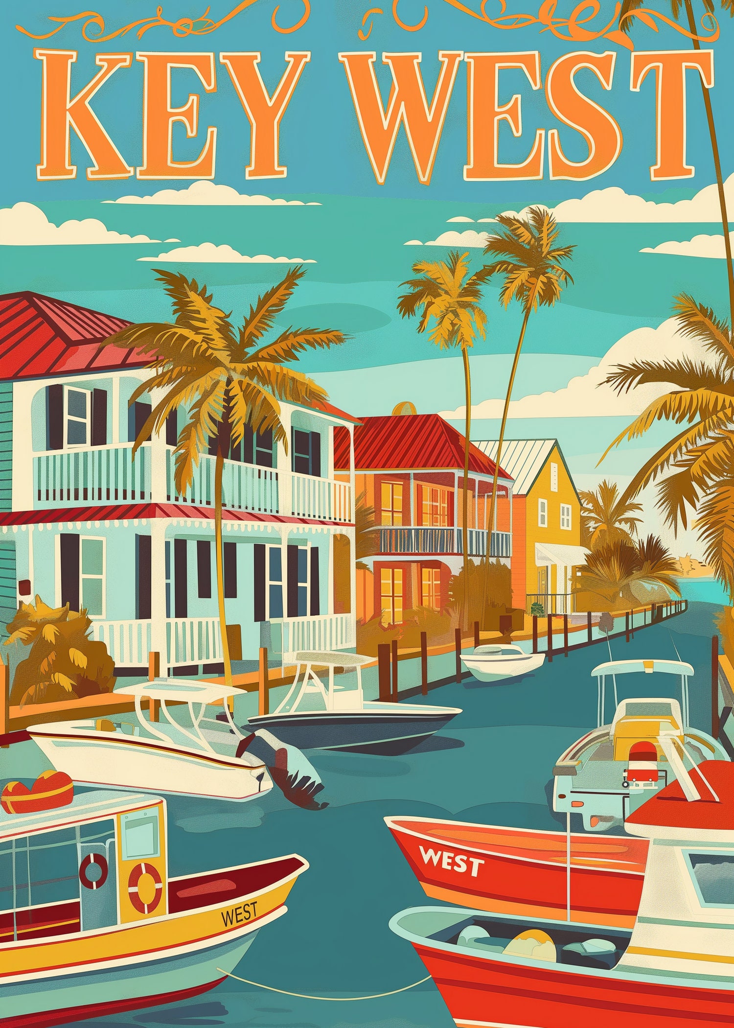 Vintage Key West Travel Poster Digital Download - Colorful Boats, Retro ...