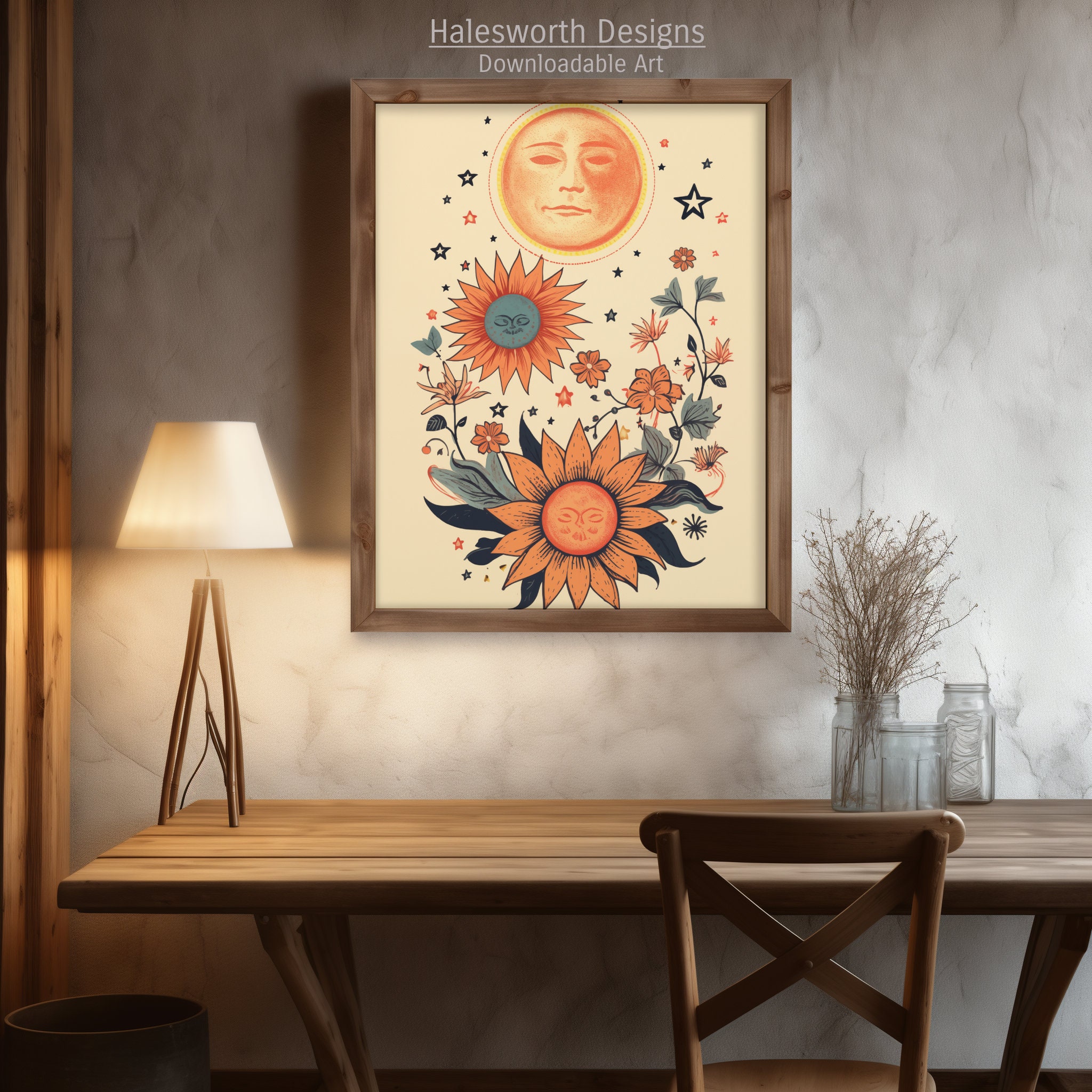 Golden Age Moon With Sunflowers - High-res Digital Art Download, Dreamy ...