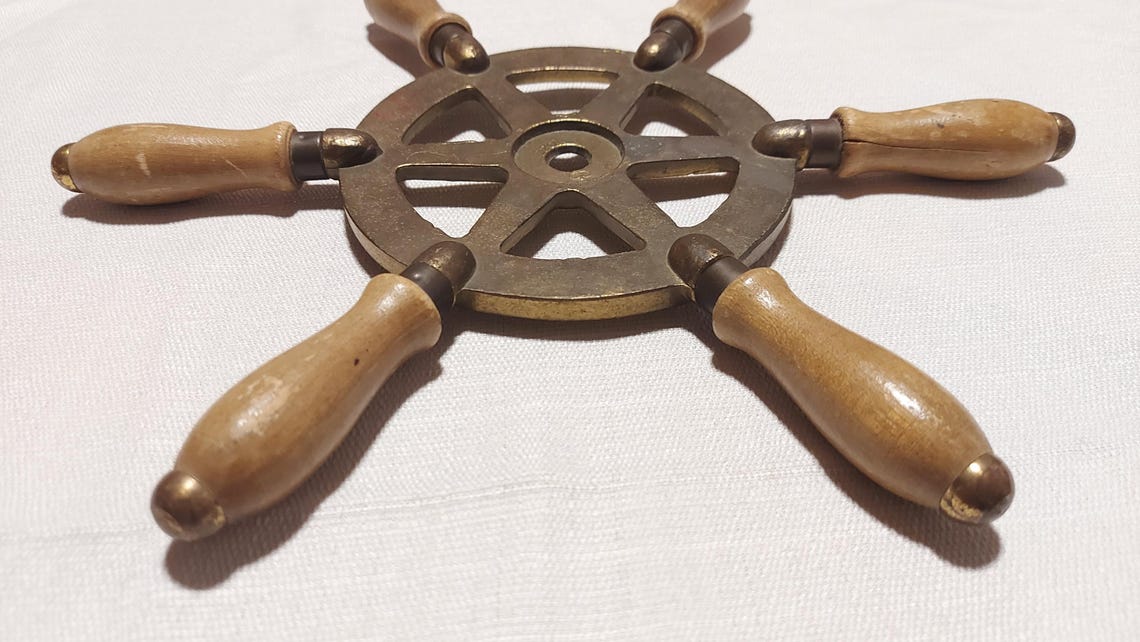 Vintage 12 Inch Six Handled Brass Copper and Wood Boat Wheel Wood ...
