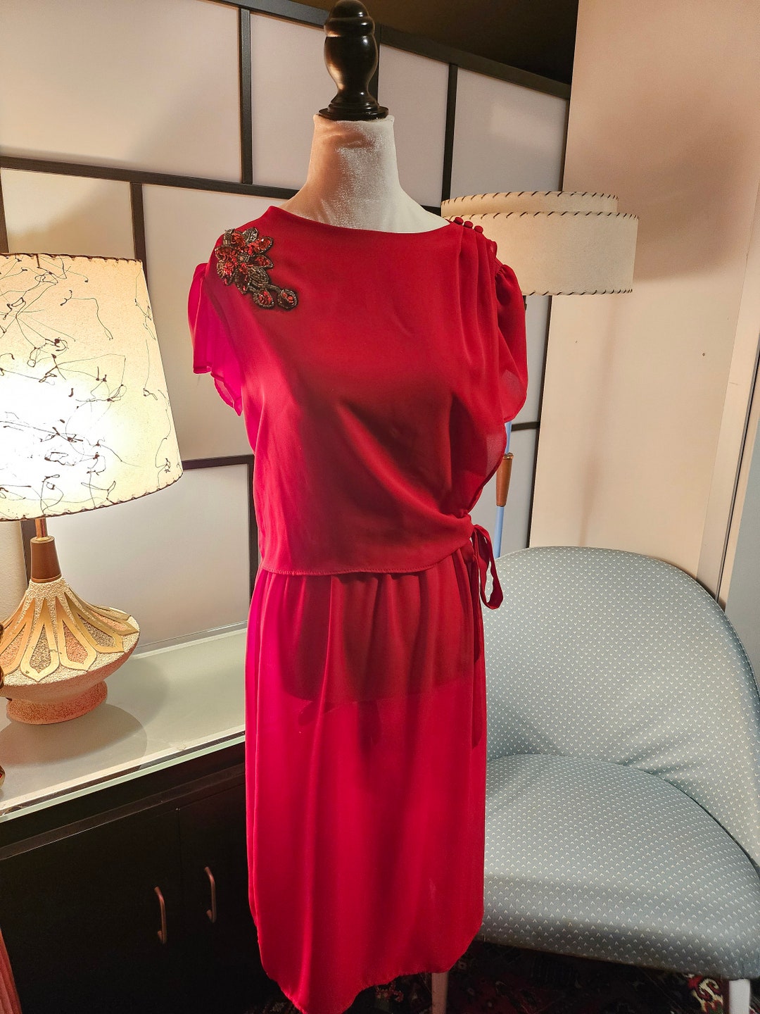 Flowy Red Vintage TOBI Dress With Beads and Sequence Embellishment 1980 ...