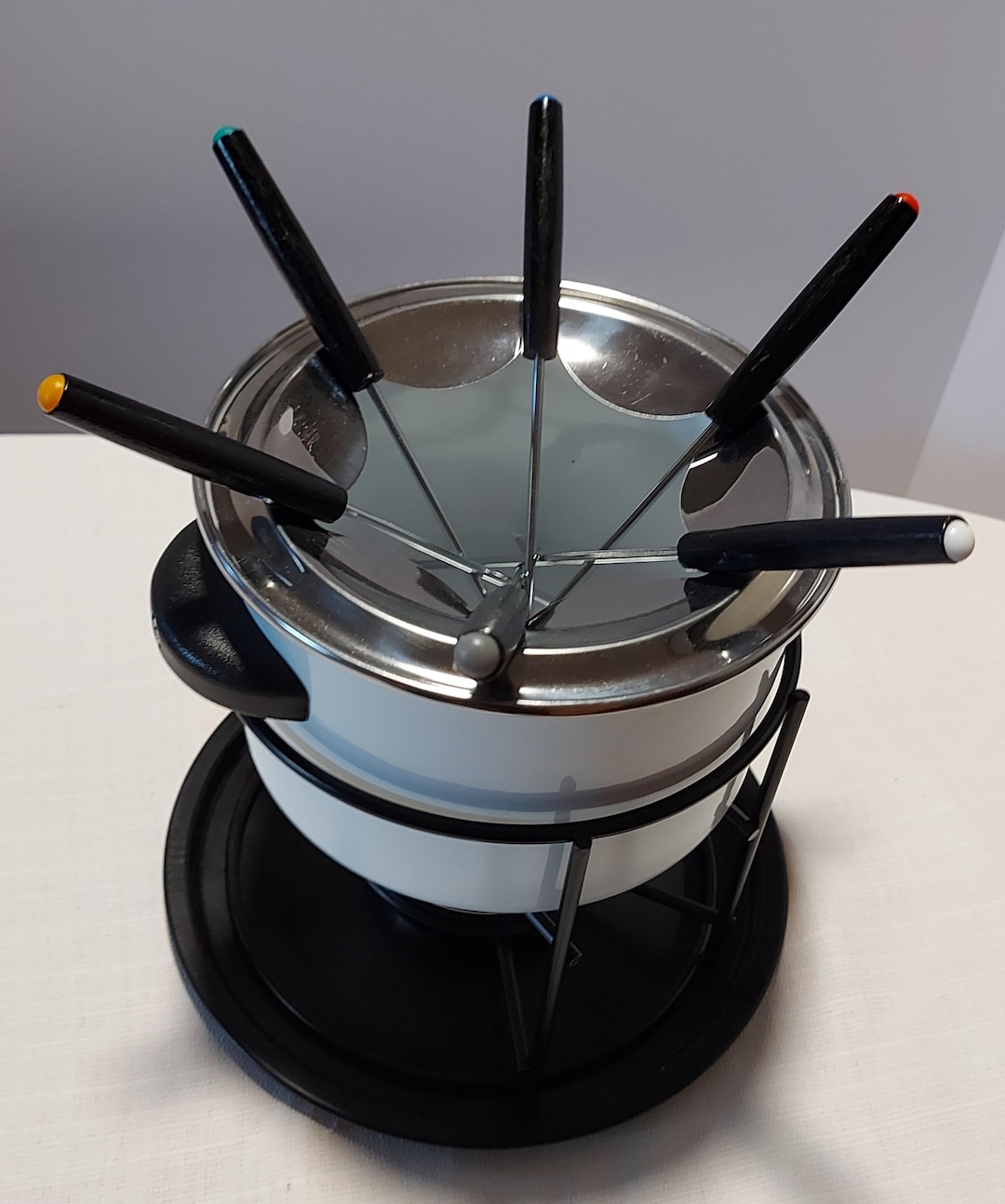Vintage Amblance Fondue Set Black and White Fondue Pot Rack Tray Burner ...