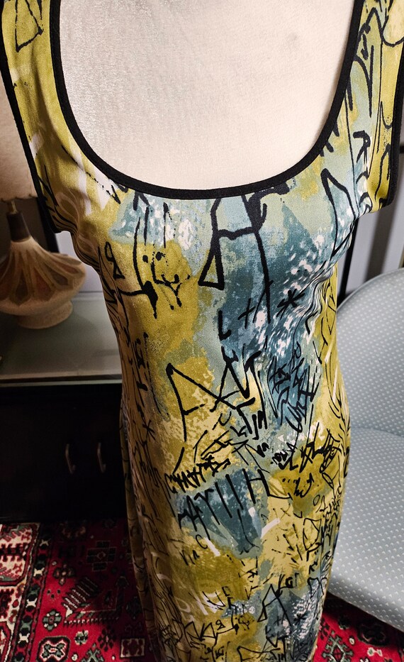 1990s Tango Mango Maxi Dress Graffiti Print Greens W… - Gem
