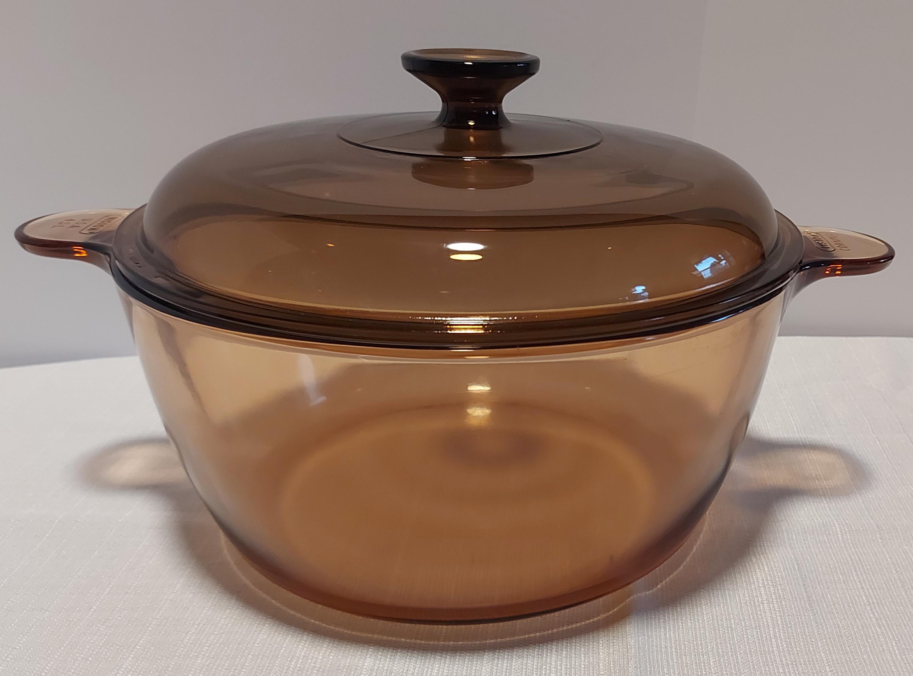 Vintage Visions Pyrex 4.5 Litre Amber Round Pot With Lid Dutch Oven See ...