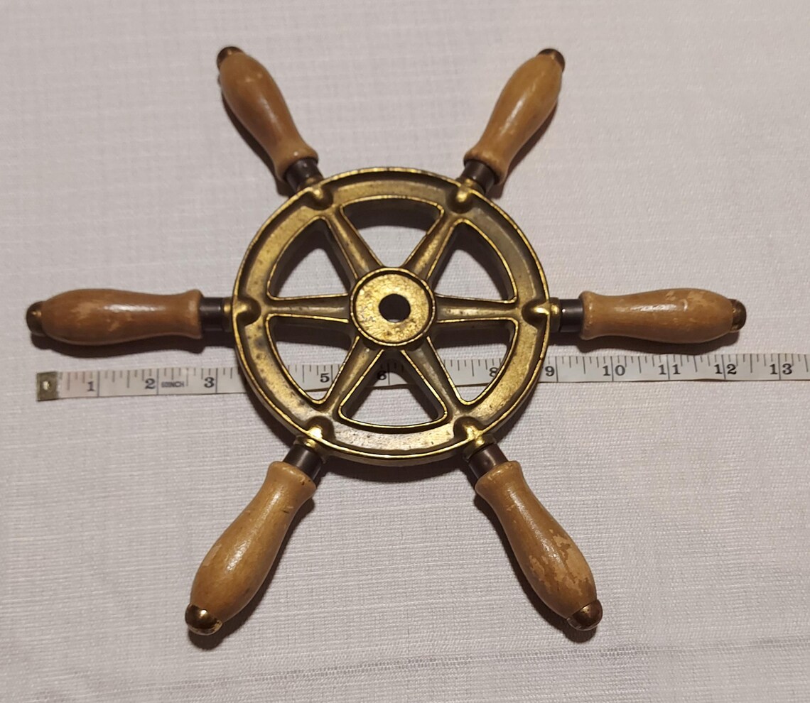 Vintage 12 Inch Six Handled Brass Copper and Wood Boat Wheel Wood ...