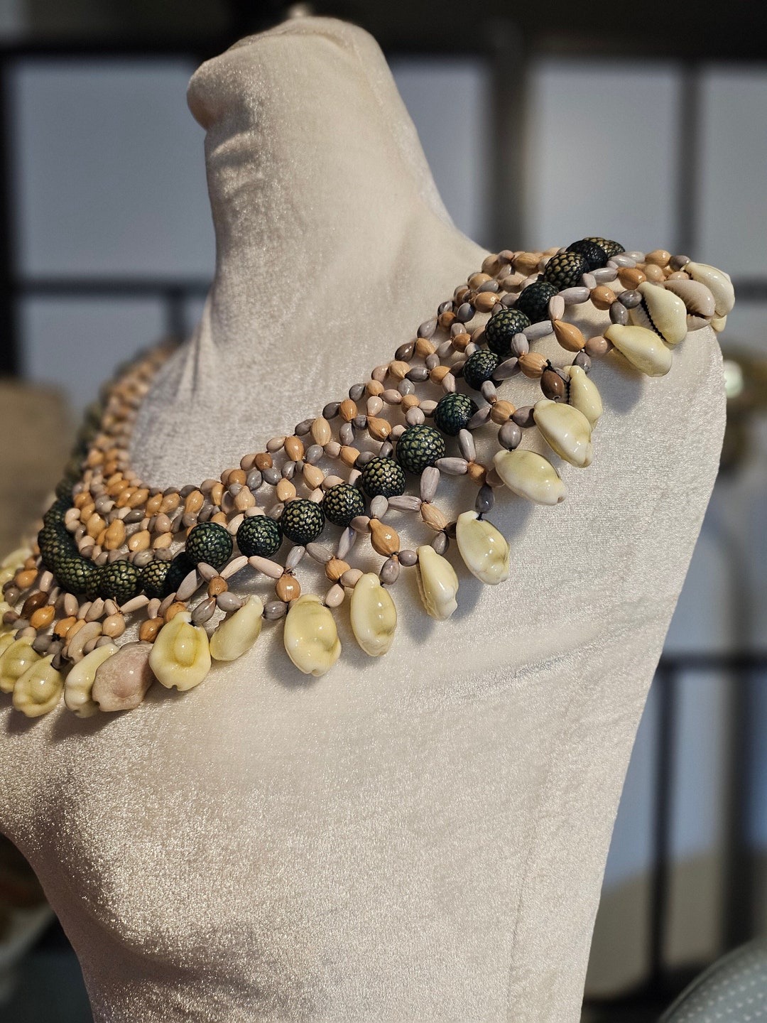 Seed Pod Cowrie Shell Collar Bib Necklace Boho Festival Coachella ...