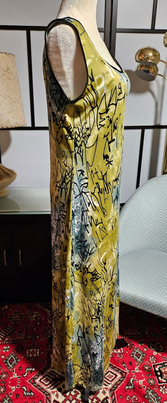 1990s Tango Mango Maxi Dress Graffiti Print Greens W… - Gem