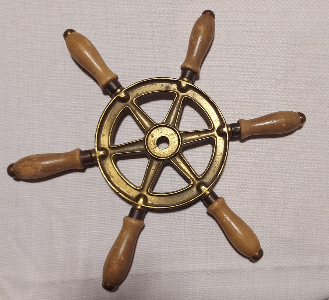 Vintage 12 Inch Six Handled Brass Copper and Wood Boat Wheel Wood ...