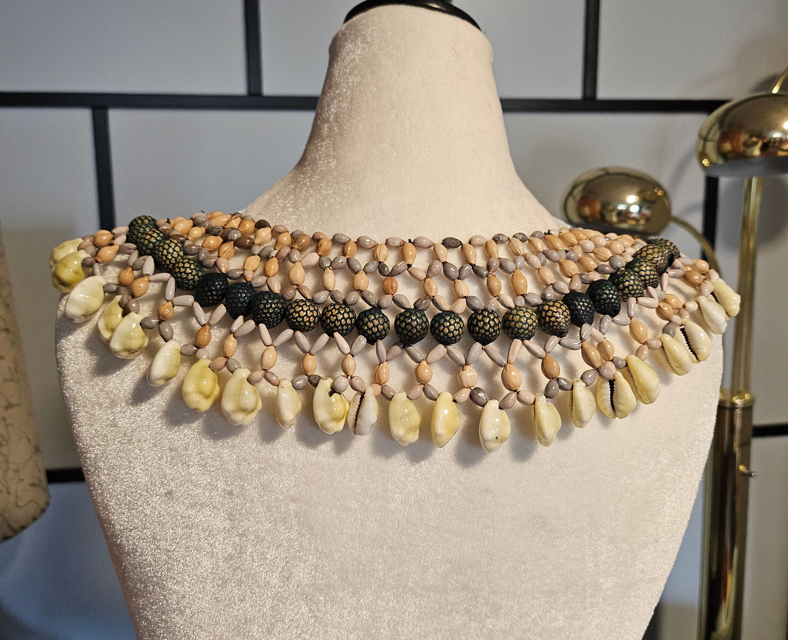Seed Pod Cowrie Shell Collar Bib Necklace Boho Festival Coachella ...