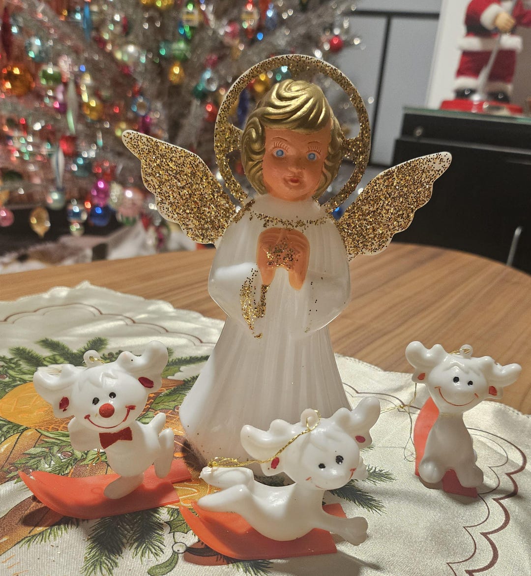 Vintage 1960's Blow Mold Angel Glitter Halo and Wings Tree Topper ...