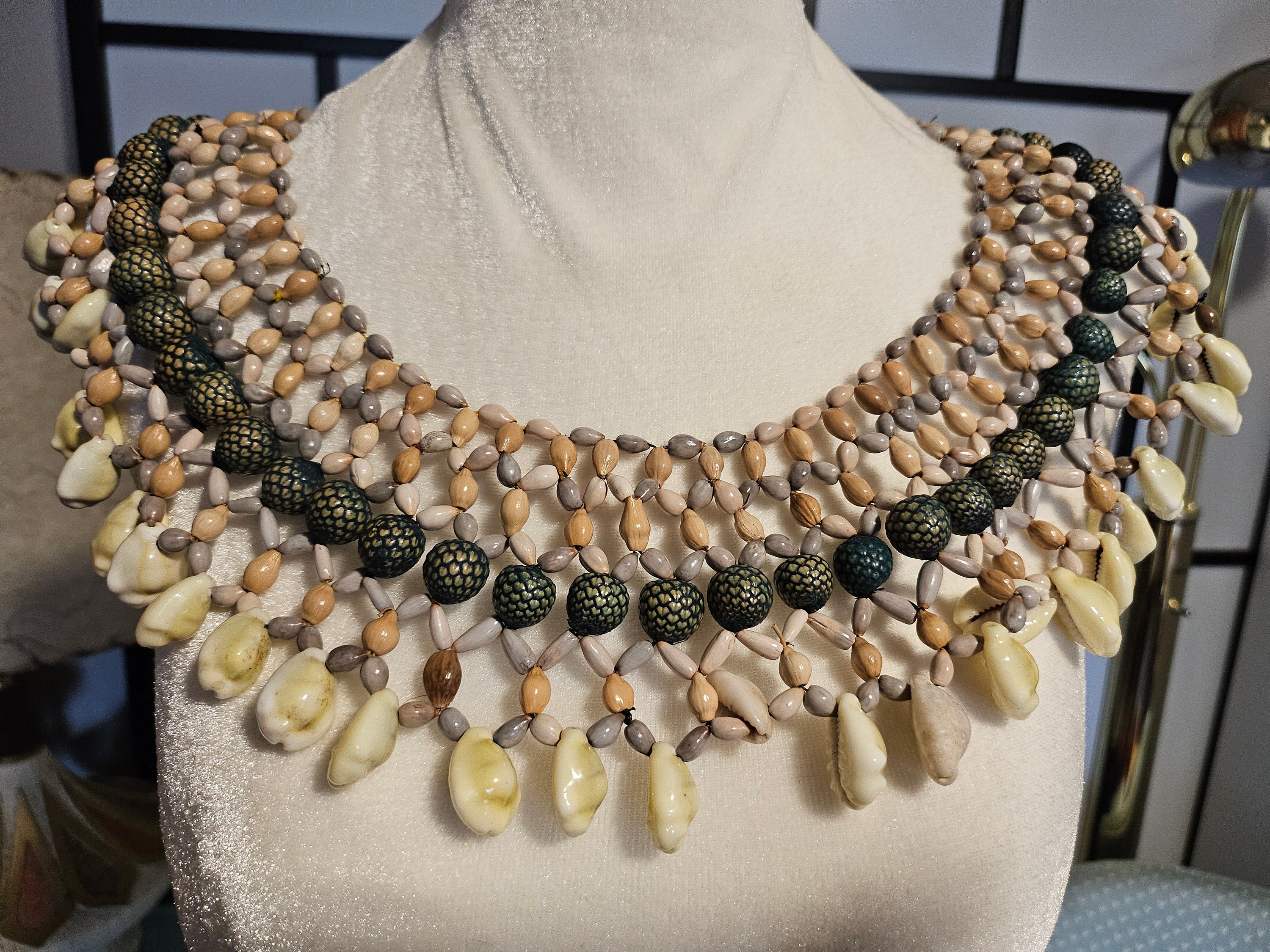 Seed Pod Cowrie Shell Collar Bib Necklace Boho Festival Coachella ...