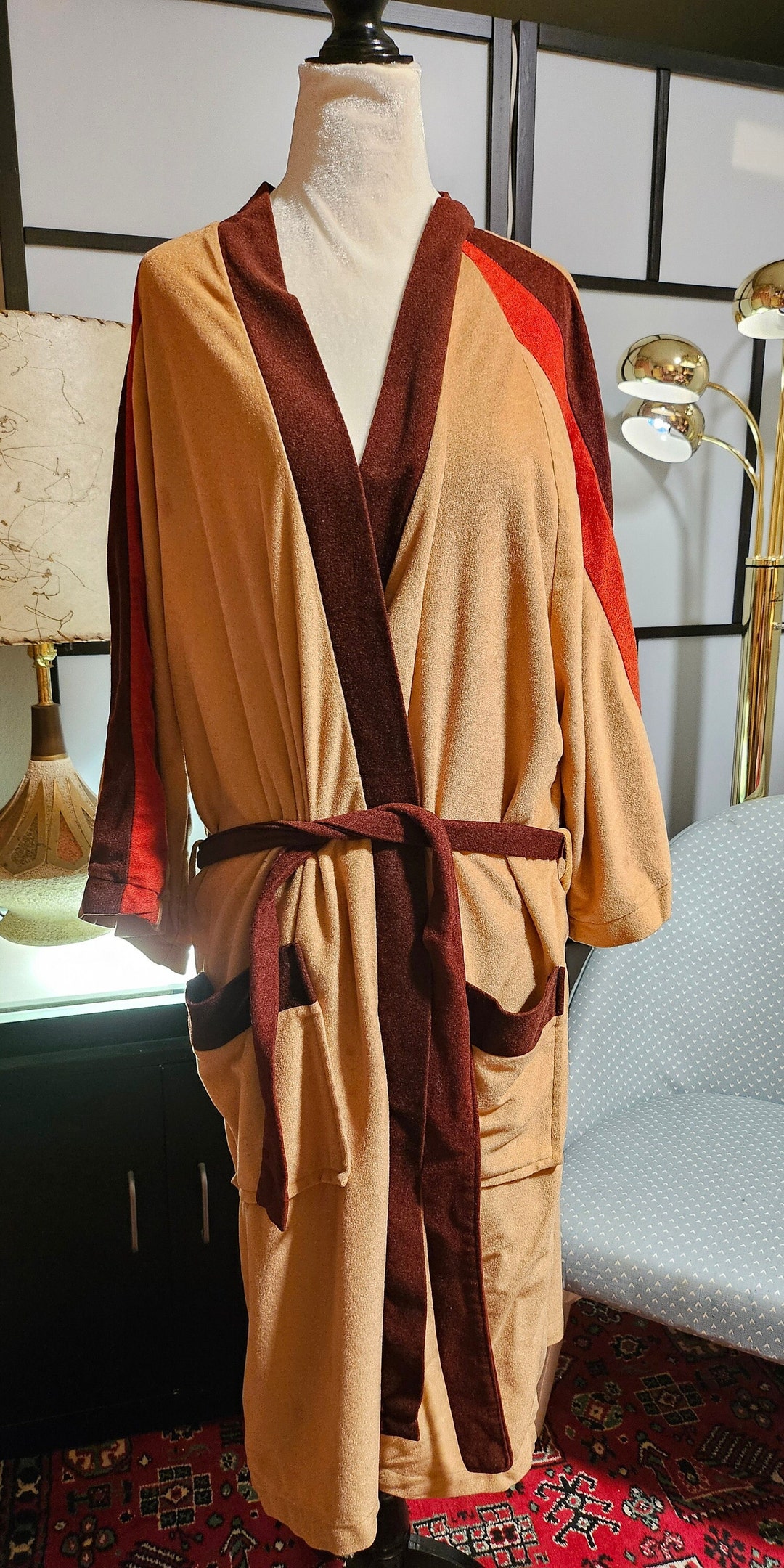 1970's Vintage Light Brown, Dark Brown, Orange Men's Robe Housecoat ...