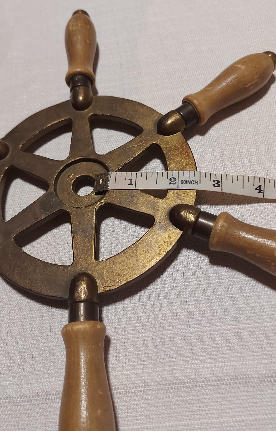 Vintage 12 Inch Six Handled Brass Copper and Wood Boat Wheel Wood ...