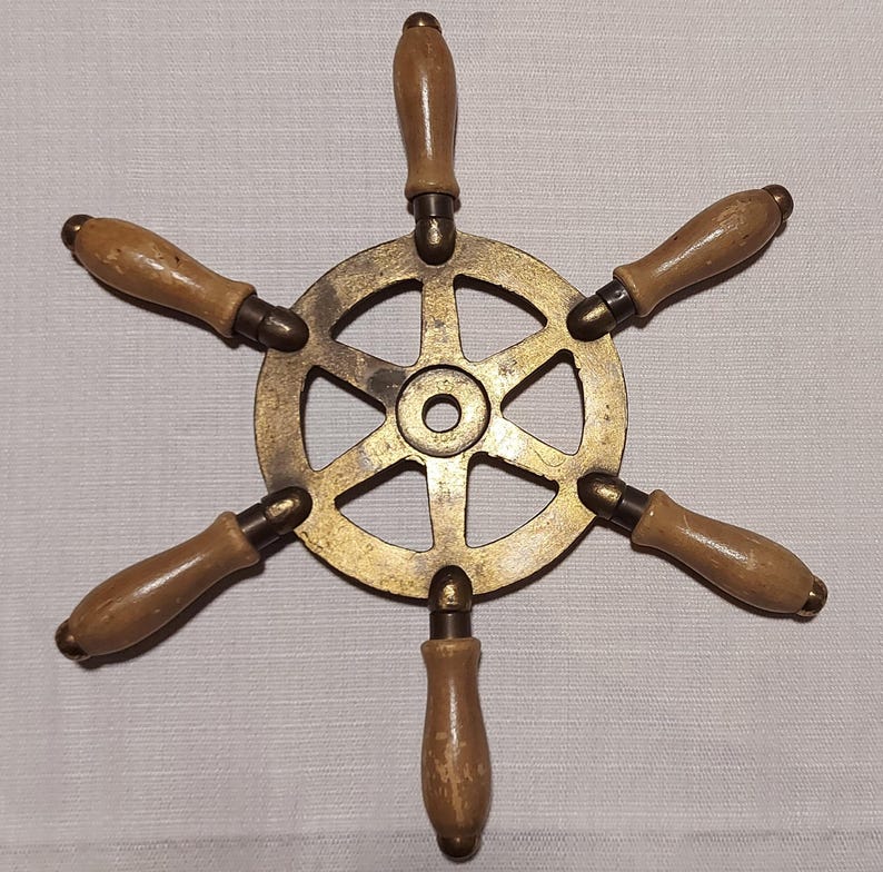 Vintage 12 Inch Six Handled Brass Copper and Wood Boat Wheel Wood ...