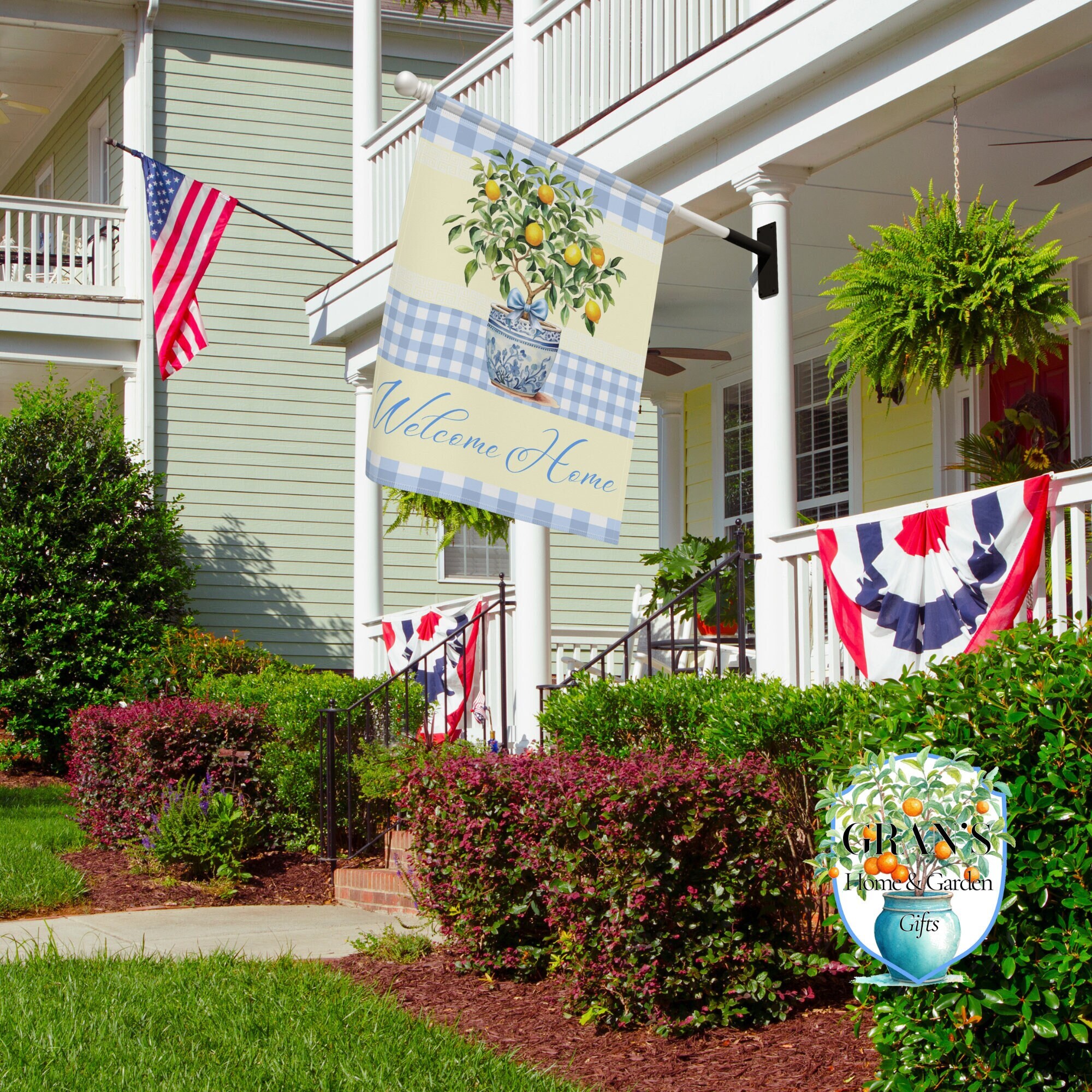 Welcome Home Flag, Lemon Tree Chinoiserie Flag, Lemon Garden Flag ...