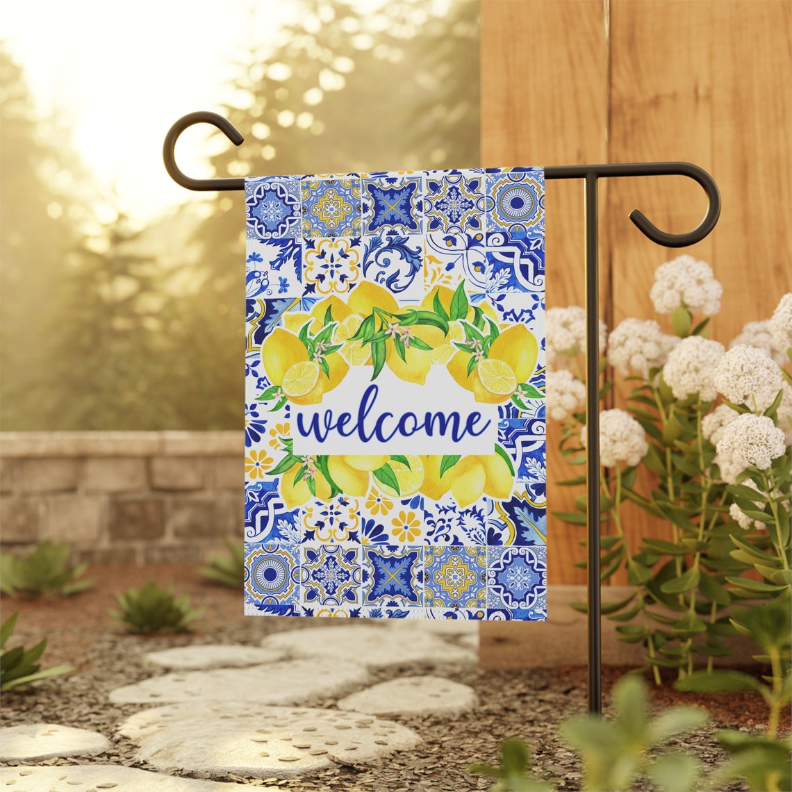 Welcome Flag Blue and White Tile With Lemons Mediterranean House Flag ...
