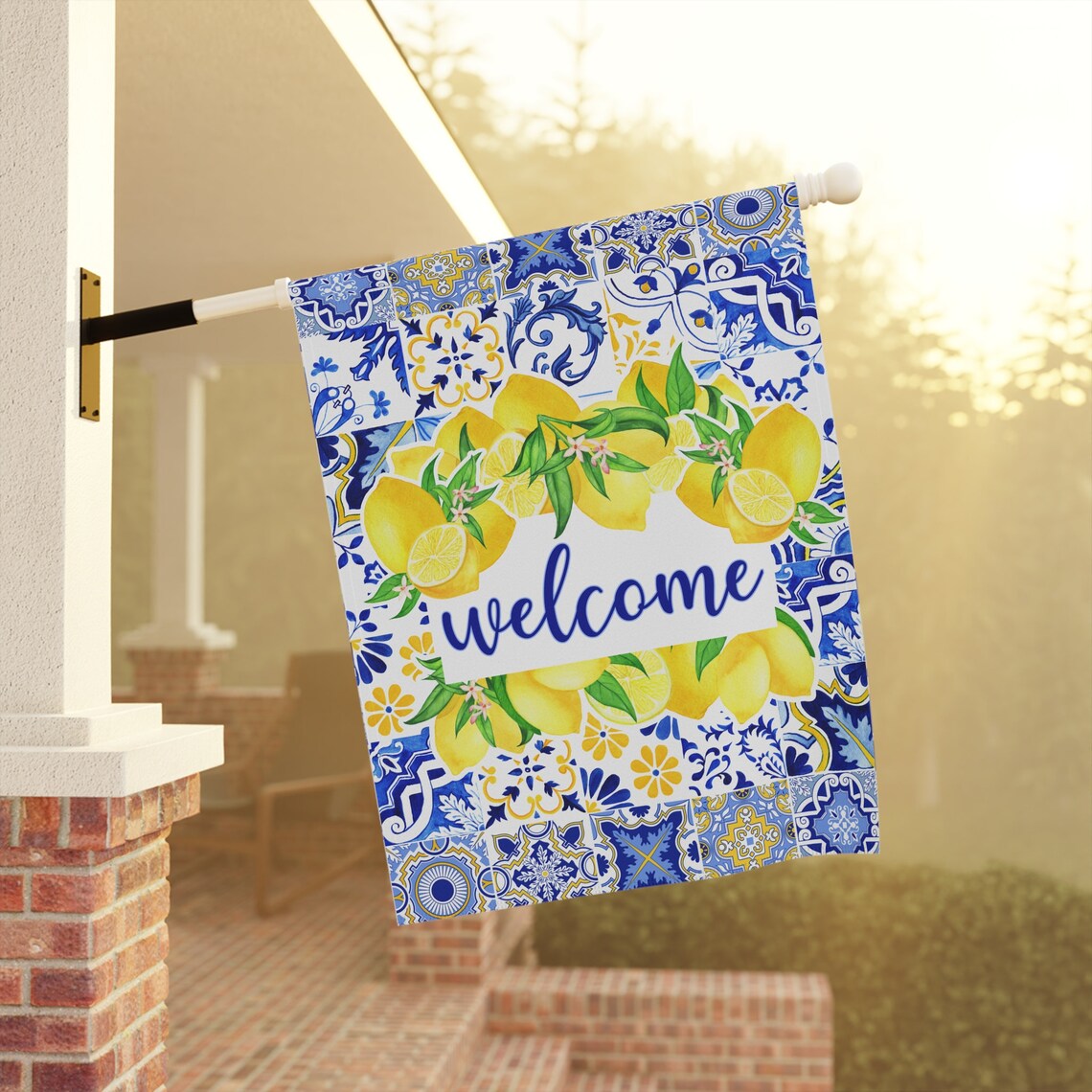 Welcome Flag Blue and White Tile With Lemons Mediterranean House Flag ...