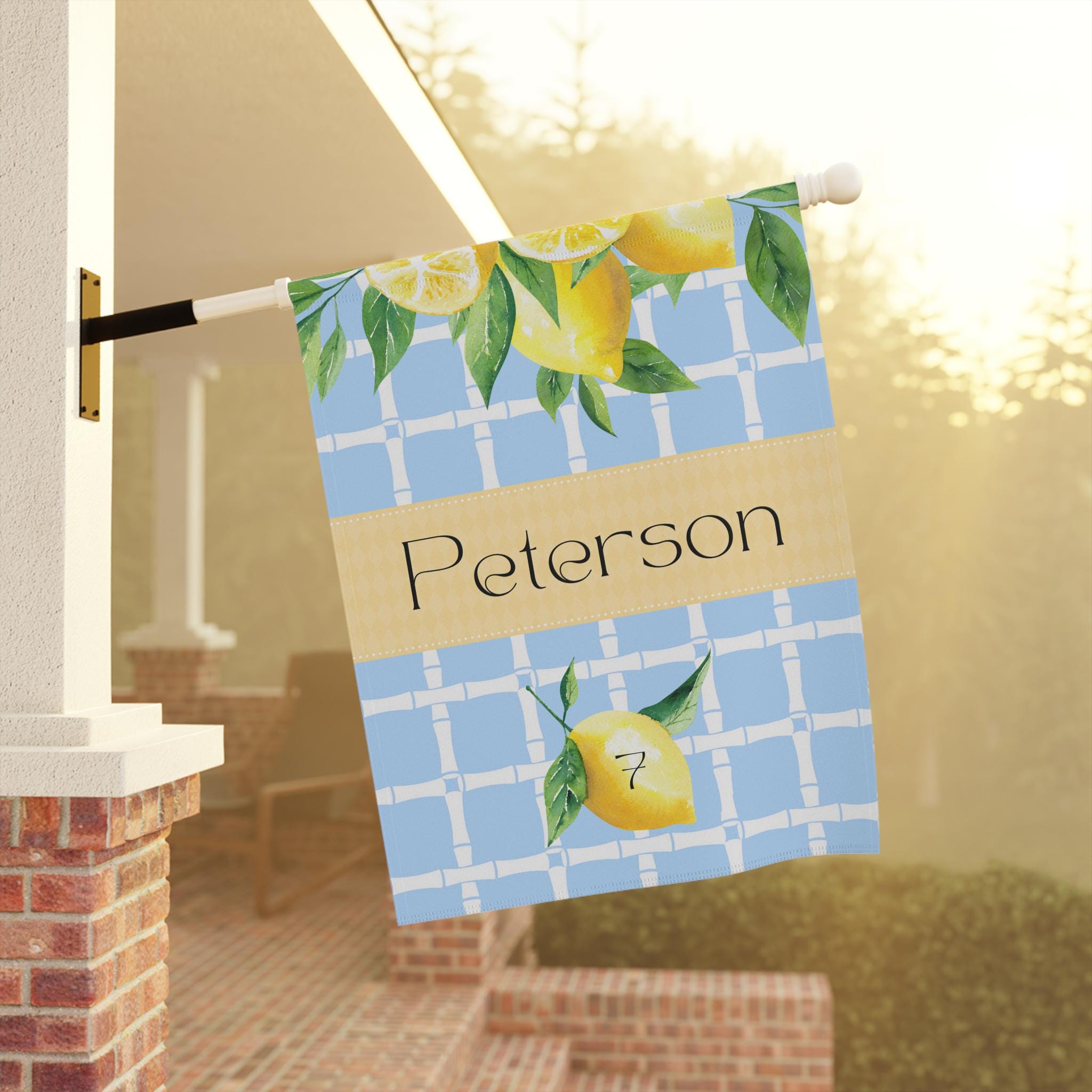 Personalized Preppy Flag, Blue White Garden Flag, Lemon Welcome Home ...