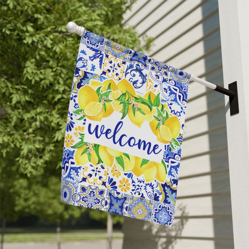 Welcome Flag Blue and White Tile With Lemons Mediterranean House Flag ...