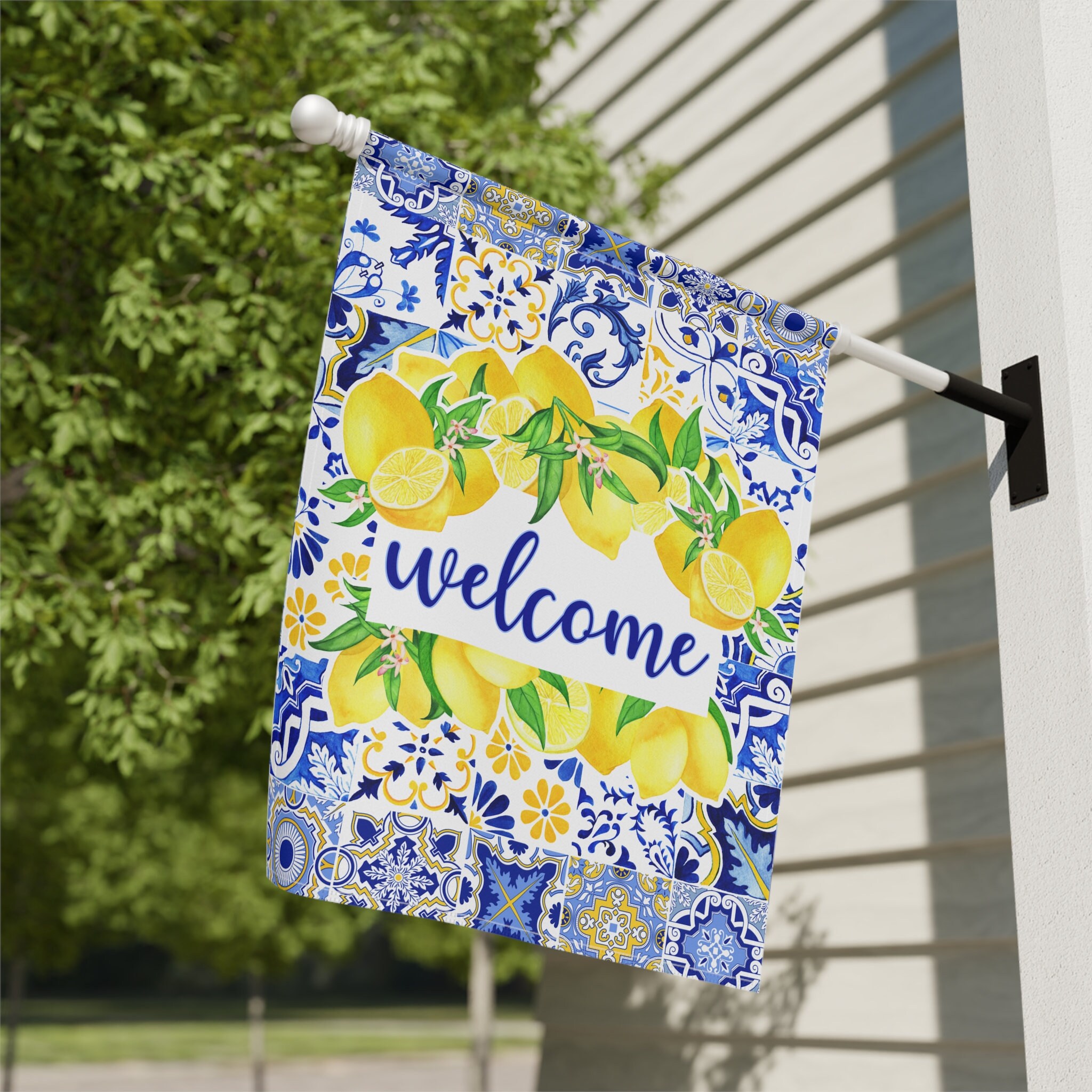 Welcome Flag Blue and White Tile With Lemons Mediterranean House Flag ...