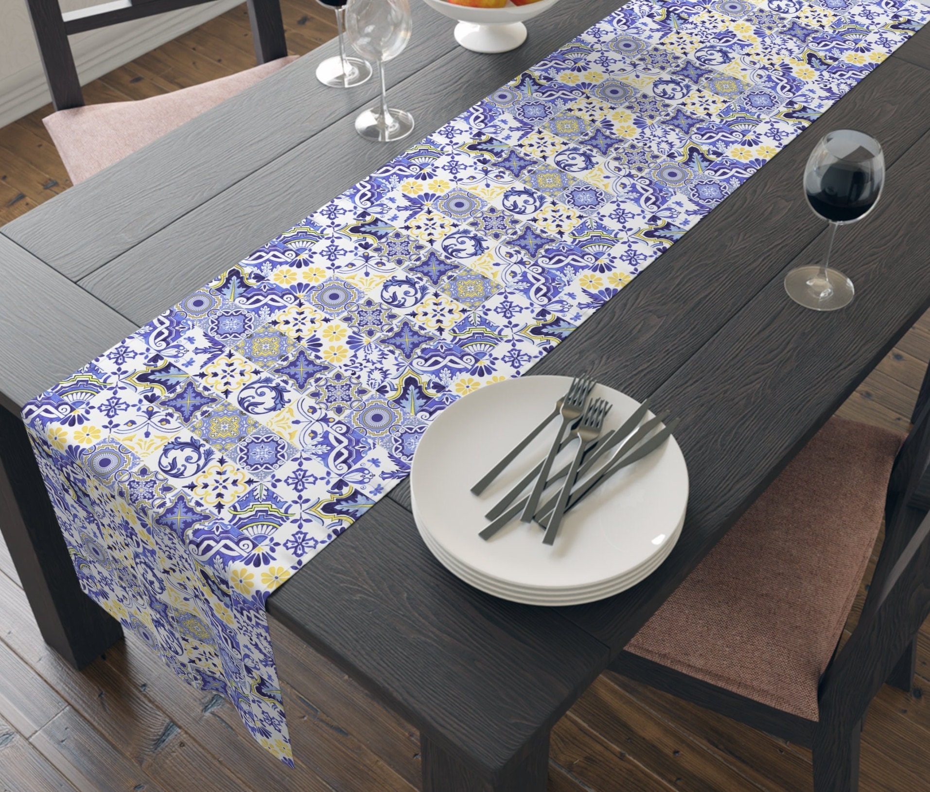Mediterranean Tile Print Table Runner Cotton Italian Sunday Dinner ...