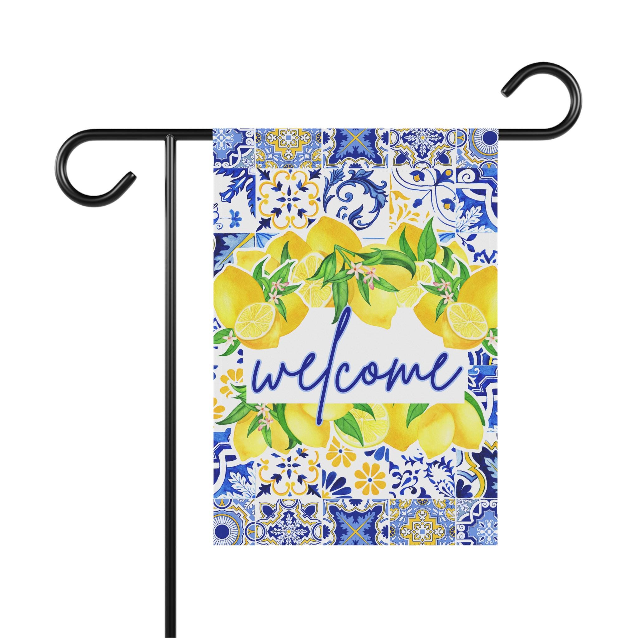 Welcome Flag Blue and White Tile With Lemons, Mediterranean Garden ...