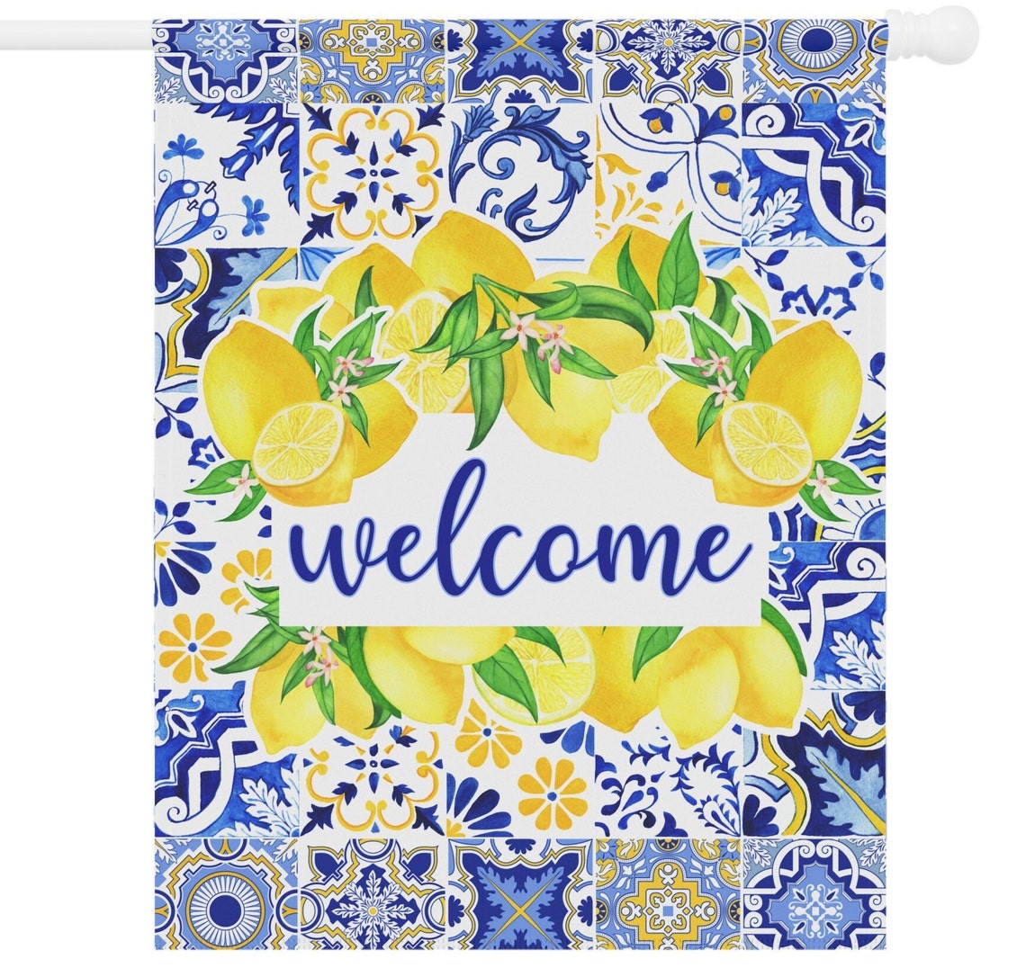 Welcome Flag Blue and White Tile With Lemons Mediterranean House Flag ...