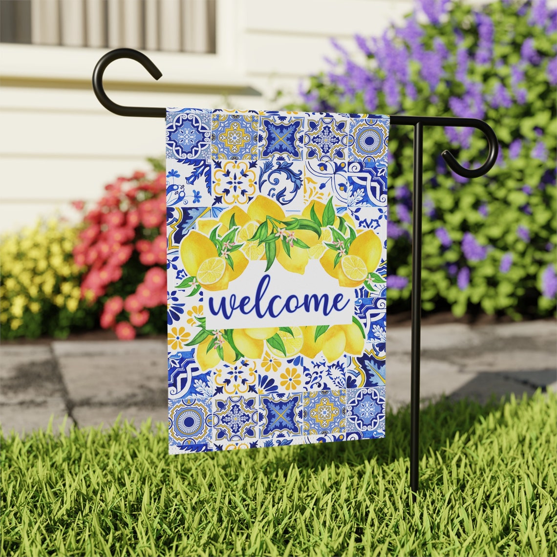 Welcome Flag Blue and White Tile With Lemons Mediterranean House Flag ...