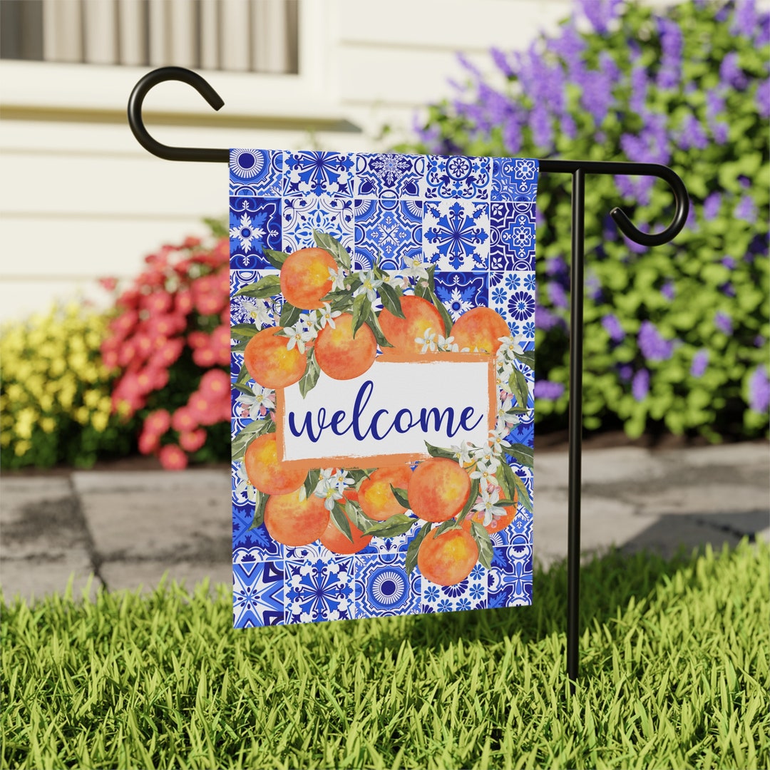 Welcome Flag Blue Tile With Oranges Mediterranean Garden House Flag ...