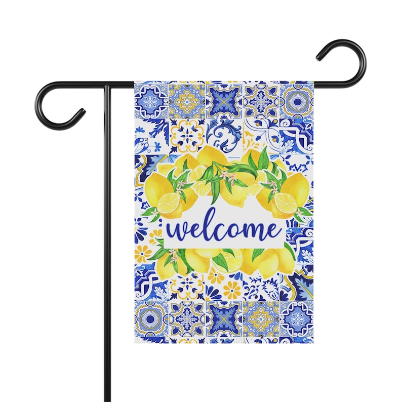 Welcome Flag Blue and White Tile With Lemons Mediterranean House Flag ...