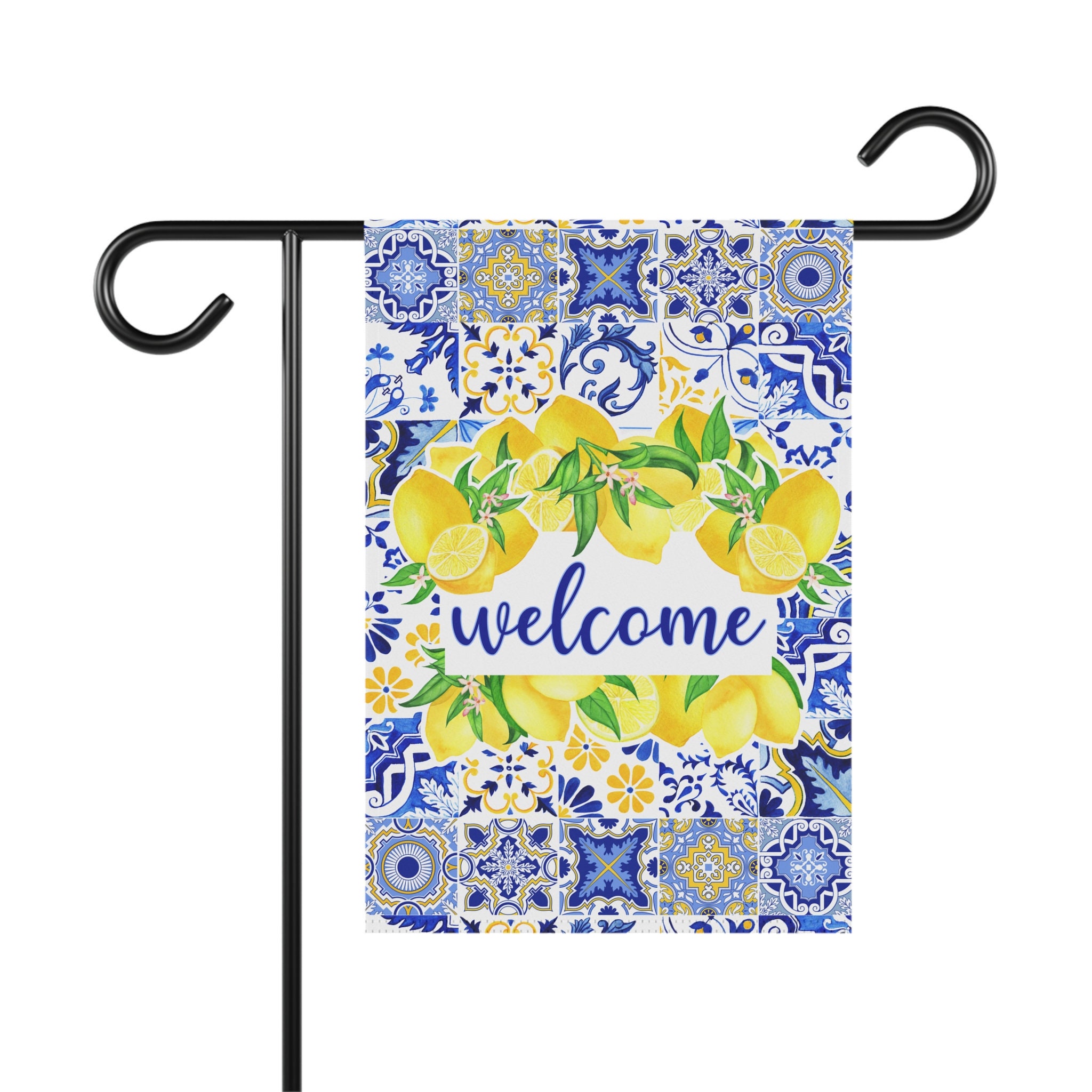 Welcome Flag Blue and White Tile With Lemons Mediterranean House Flag ...