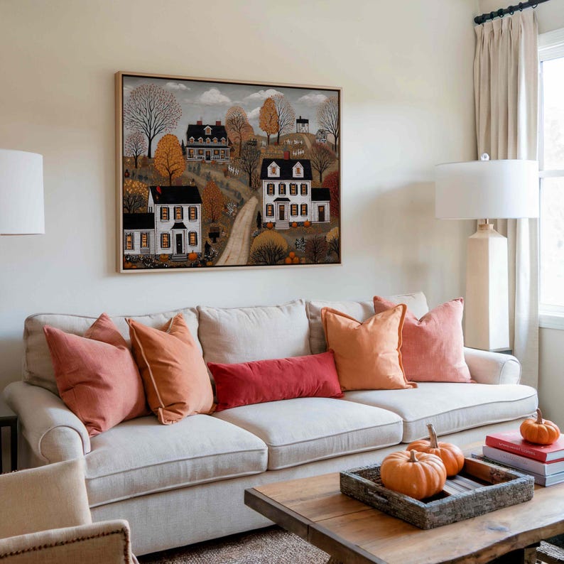 Autumn Village Wall Art Printable – Folk Style Vintage Painting With ...