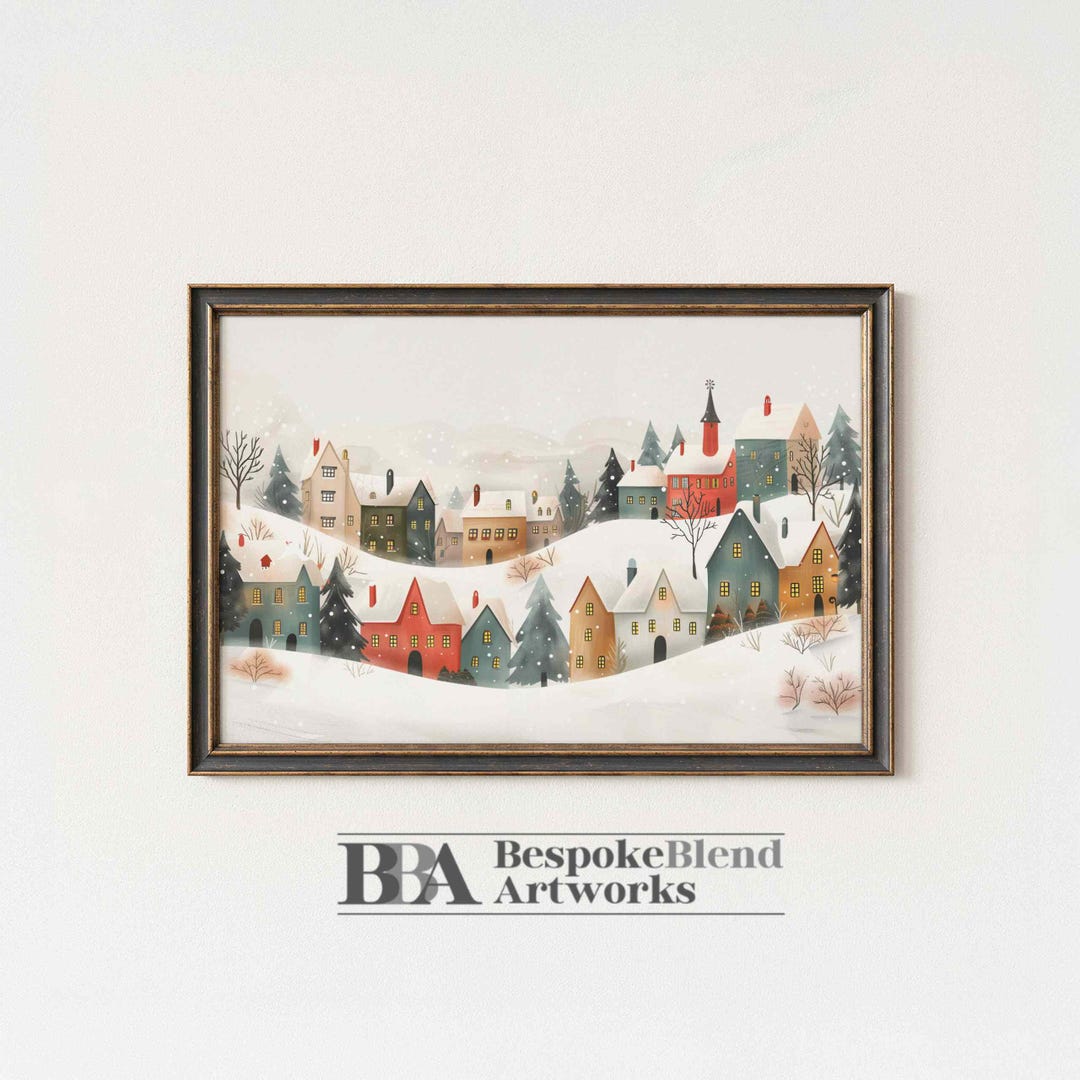 Neutral Winter Village Wall Art Printable – Snowy Cottage Scene Digital ...
