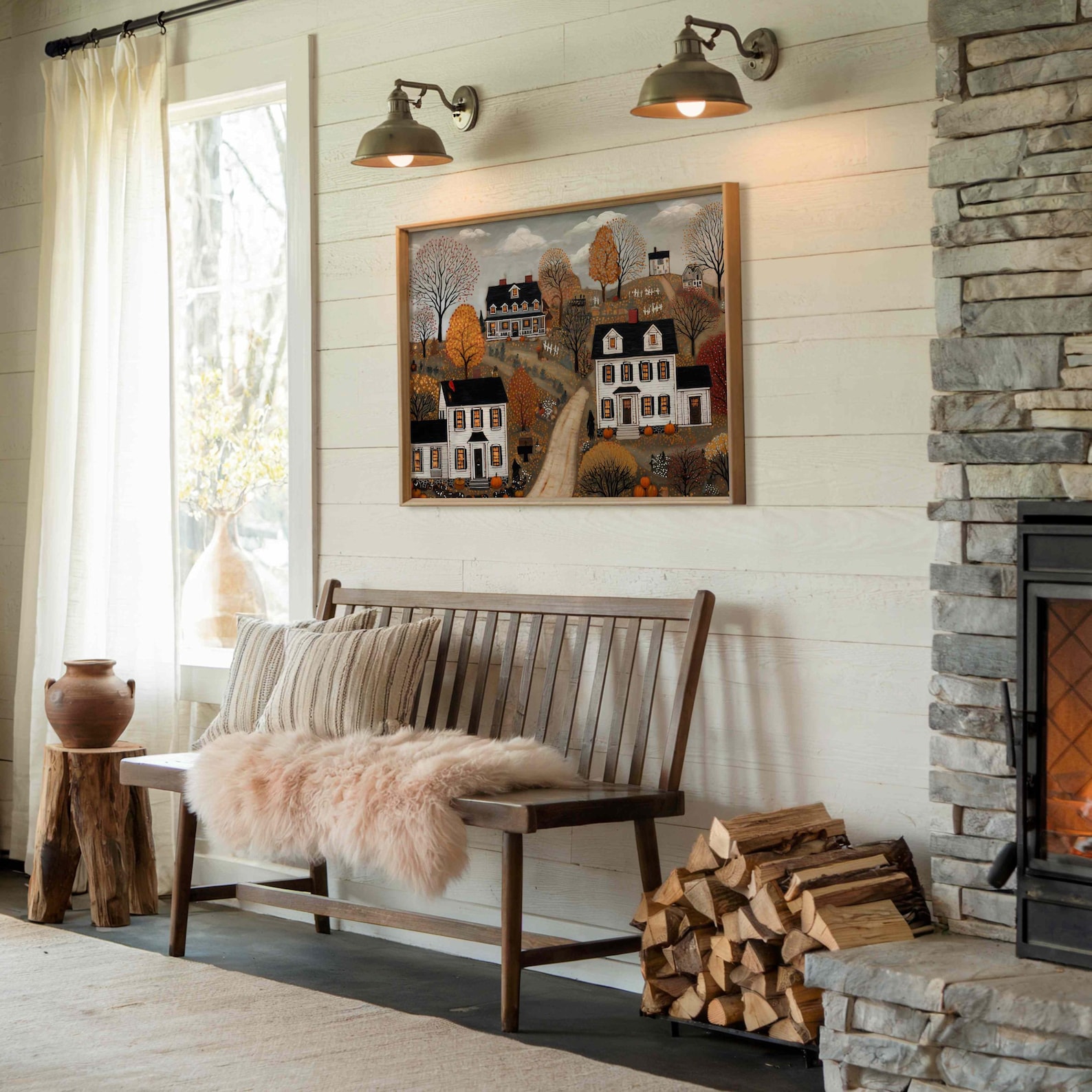 Autumn Village Wall Art Printable – Folk Style Vintage Painting With ...