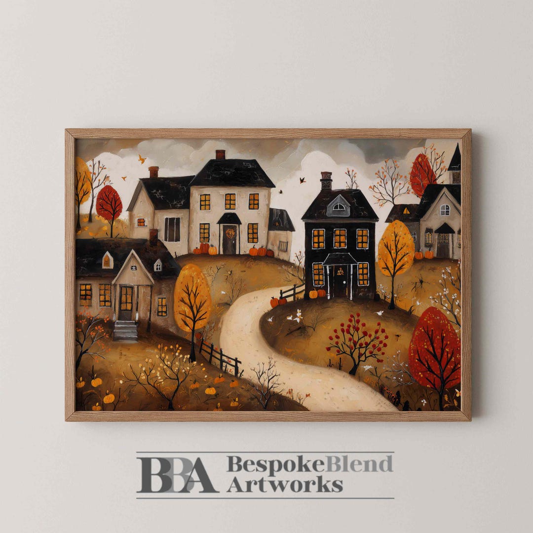 Fall Village Wall Art Printable – Colonial Homes Painting With Pumpkins ...