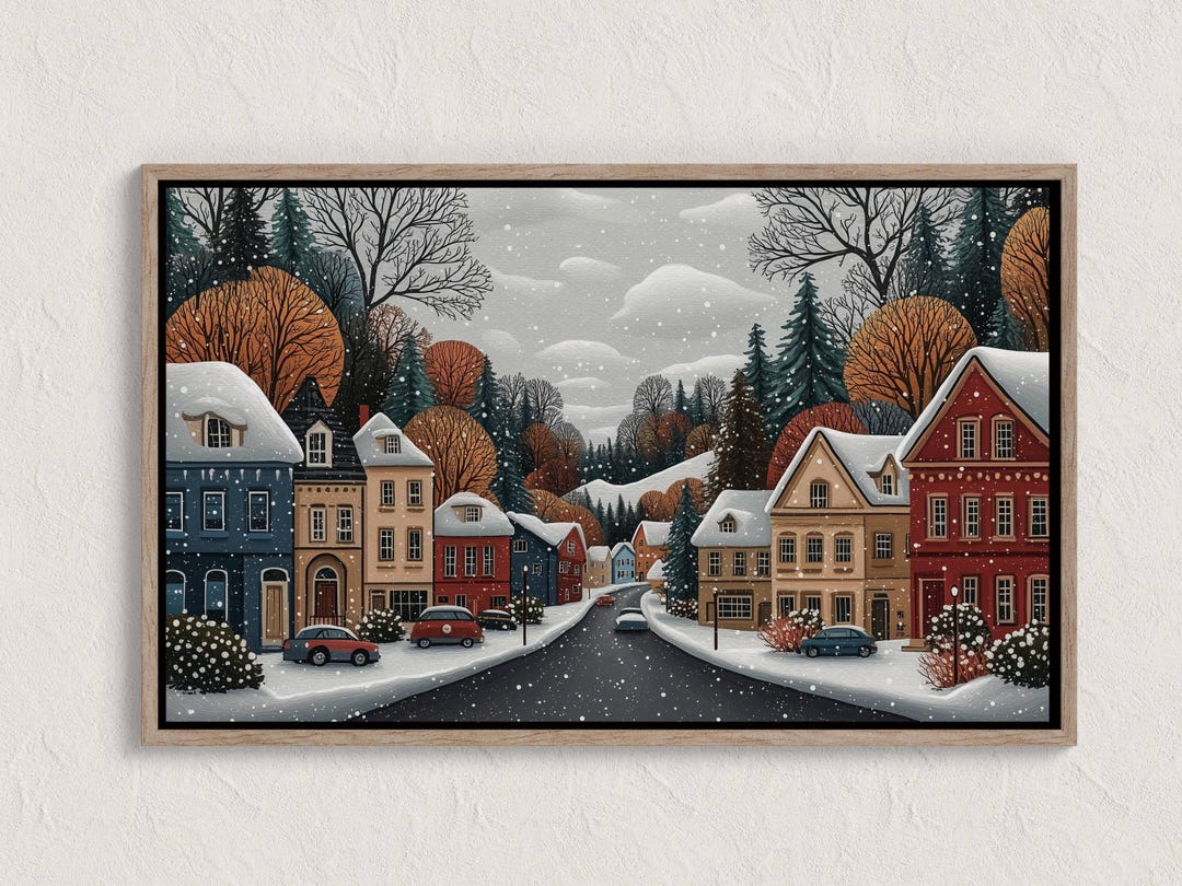 Printable Winter Wall Decor, Vintage Winter Village Painting, Winter ...
