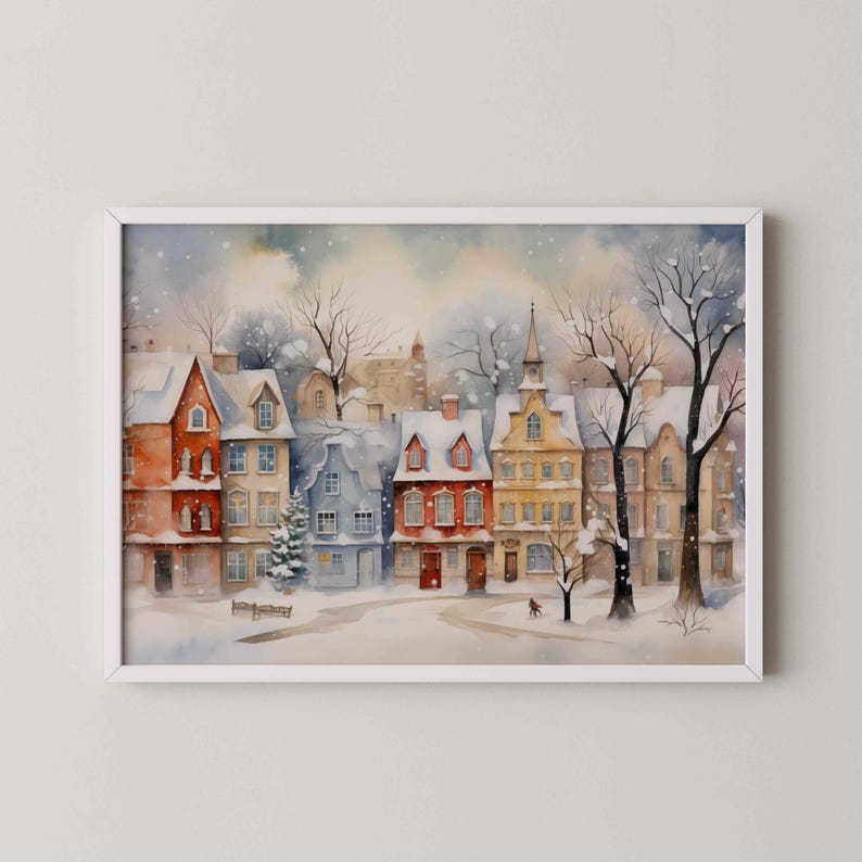 Christmas Village Wall Art Digital Download Cozy Winter Town Painting ...