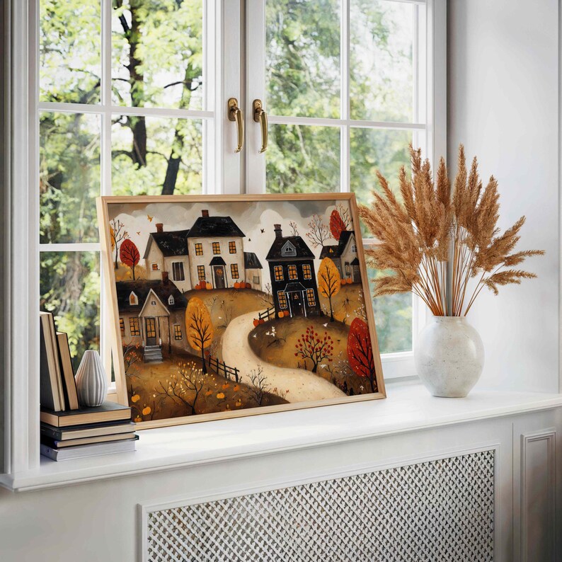 Fall Village Wall Art Printable – Colonial Homes Painting With Pumpkins ...