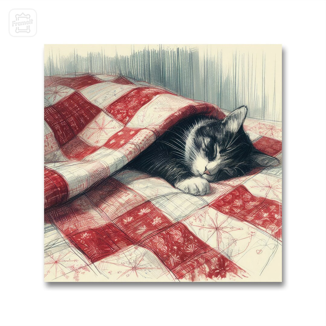 Cat and Quilt Art Print Farmhouse Decor Style Animal Art Red and White ...