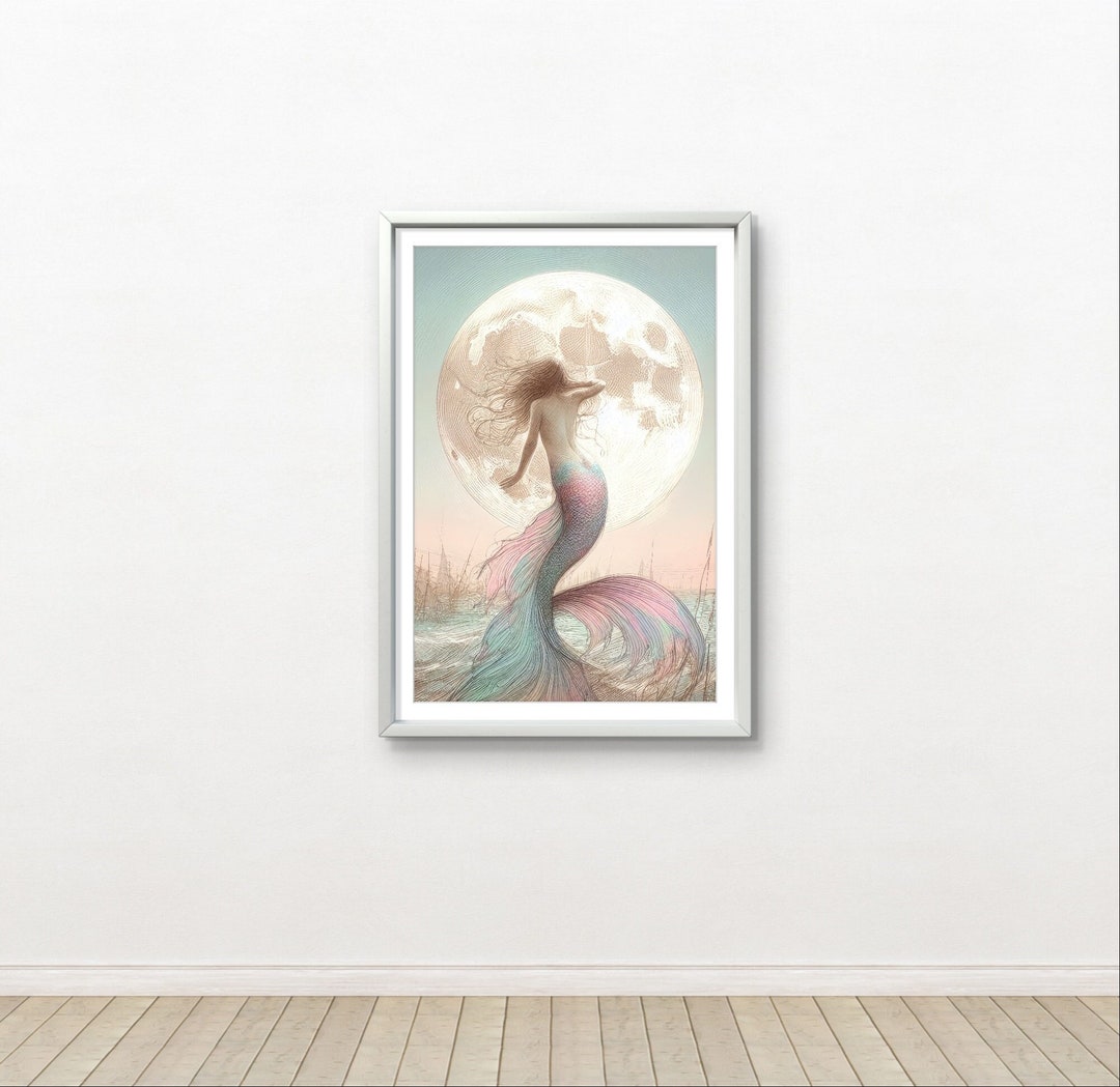 Mermaid Moon Art Print Fairytale Wall Decor Celestial Seaside Ocean Sea ...